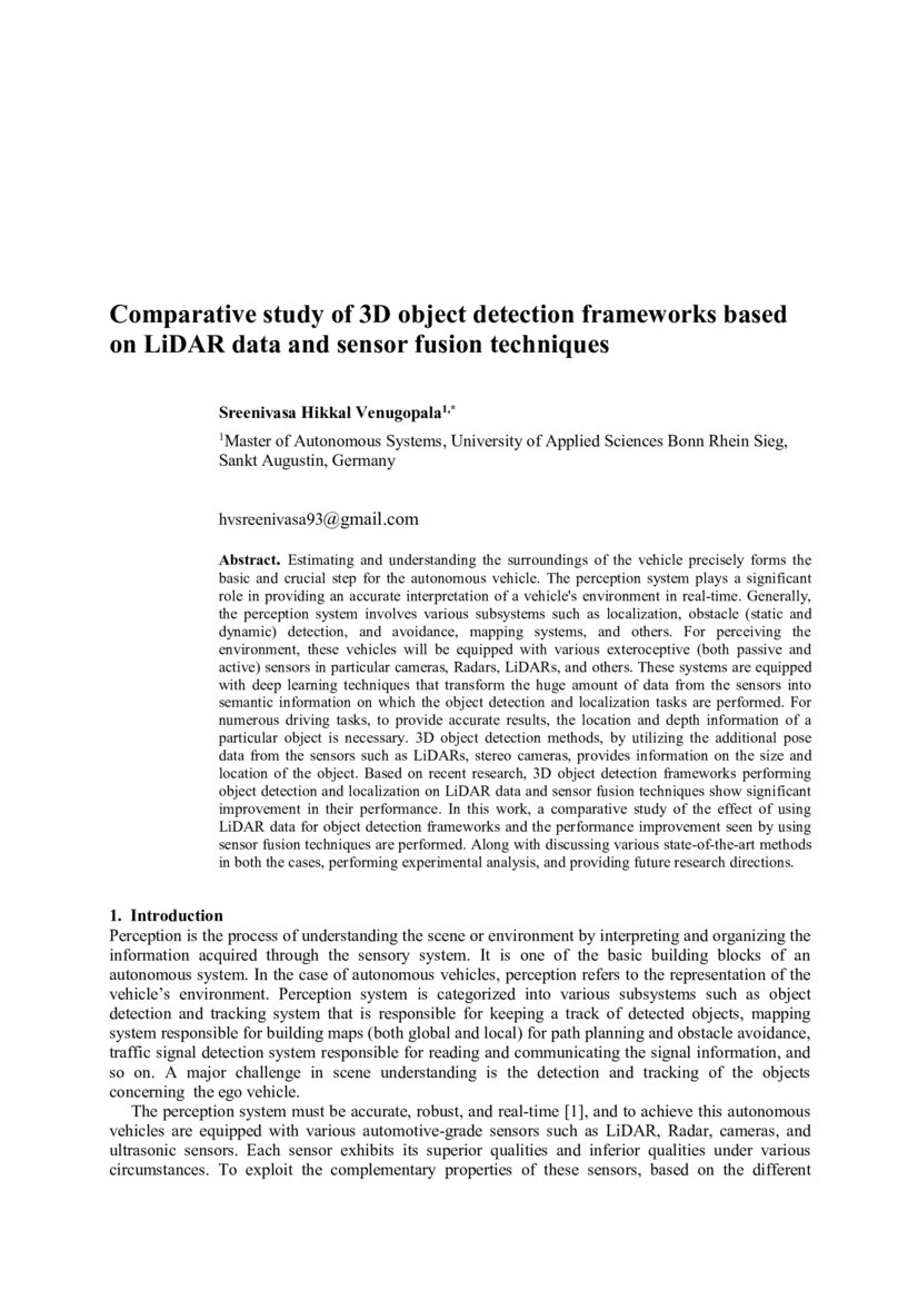 Comparative study of 3D object detection frameworks based on LiDAR data ...