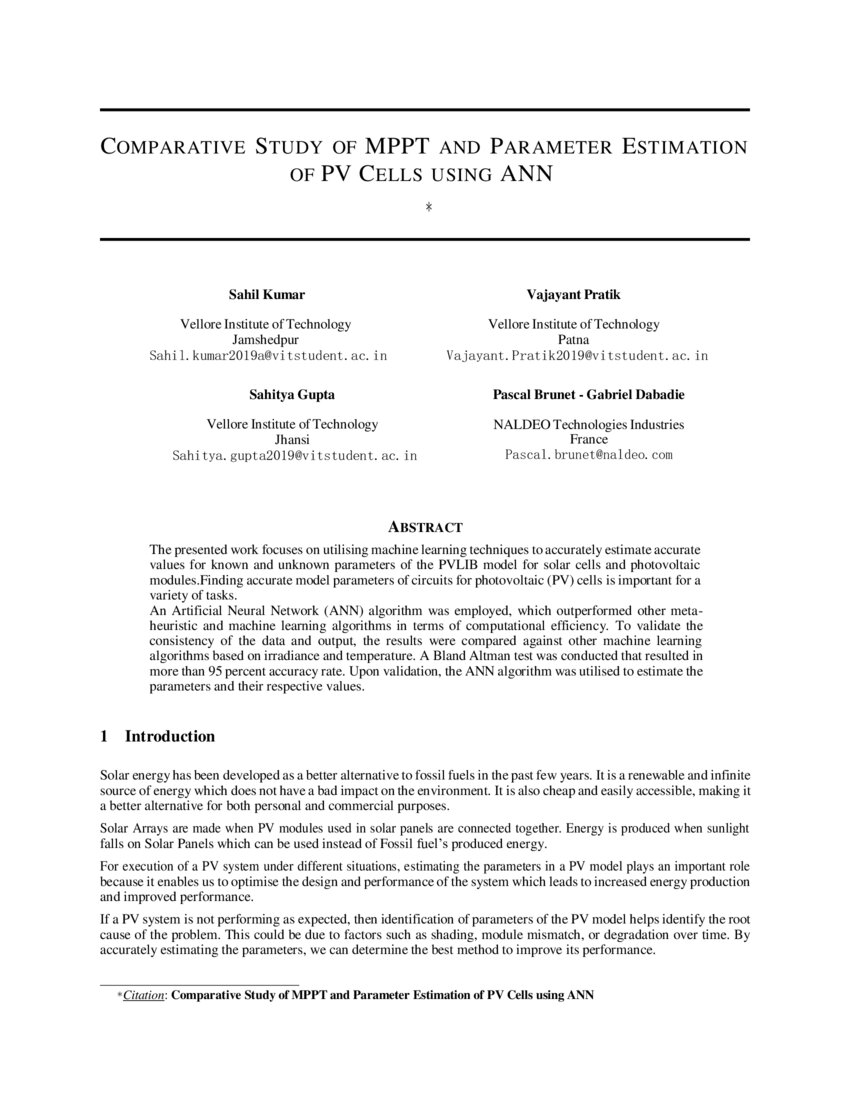 Comparative Study of MPPT and Parameter Estimation of PV cells | DeepAI