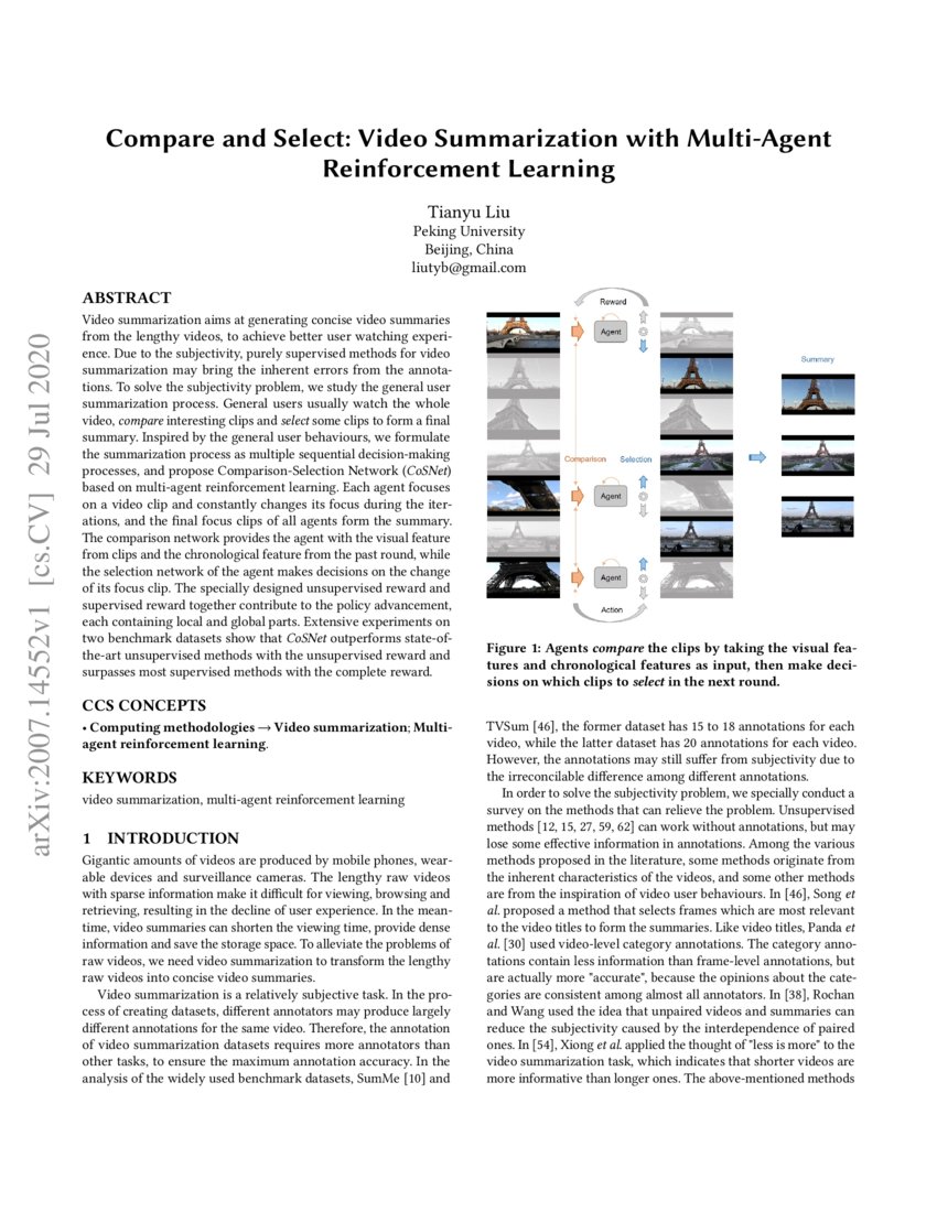 Compare And Select Video Summarization With Multi Agent Reinforcement Learning Deepai