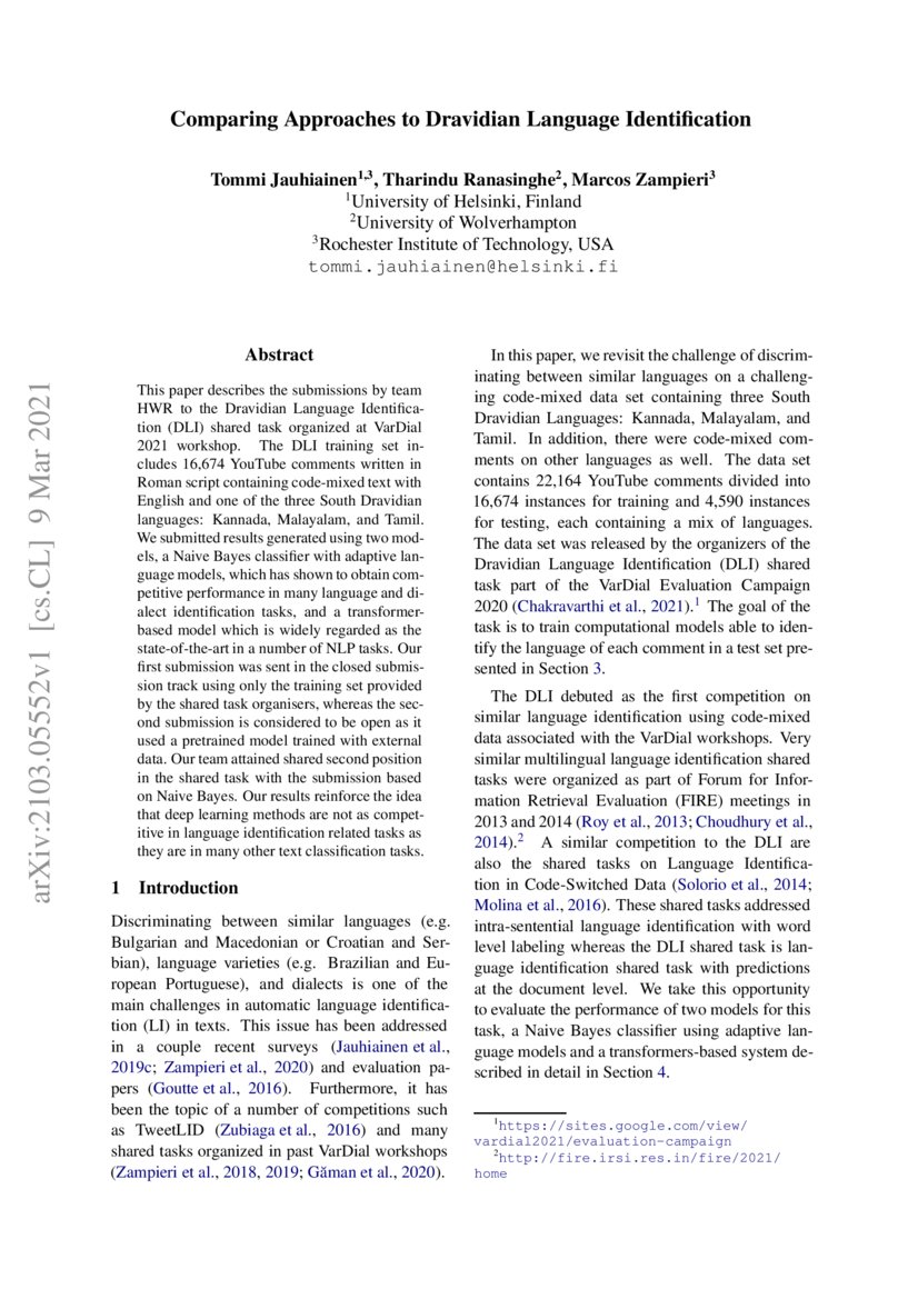 Comparing Approaches to Dravidian Language Identification | DeepAI