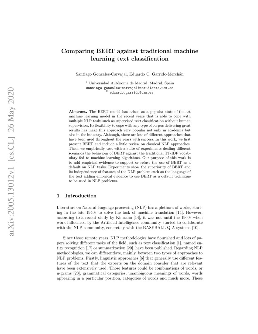 Comparing BERT against traditional machine learning text classification ... Comparing BERT against traditional machine learning text classification ...