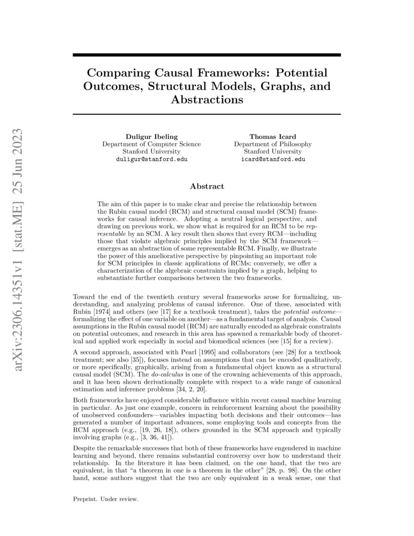 Comparing Causal Frameworks: Potential Outcomes, Structural Models, Graphs, and Abstractions ...