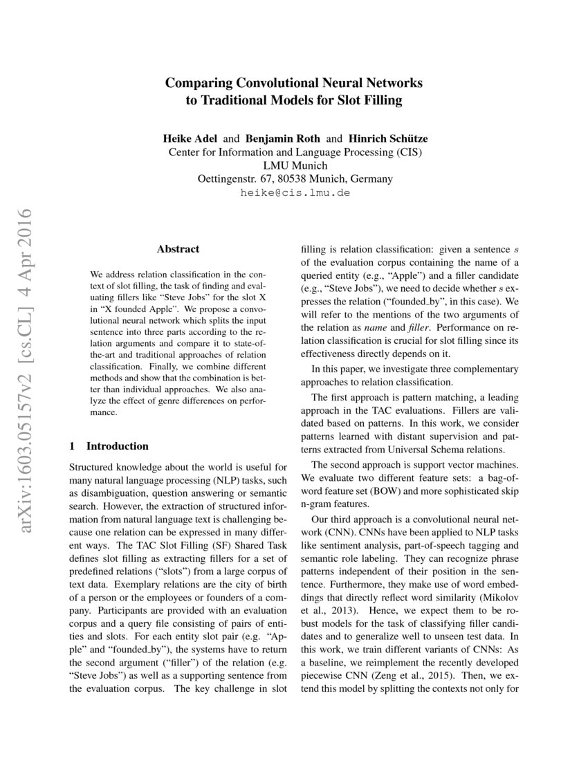 Comparing Convolutional Neural Networks To Traditional Models For Slot Filling Deepai
