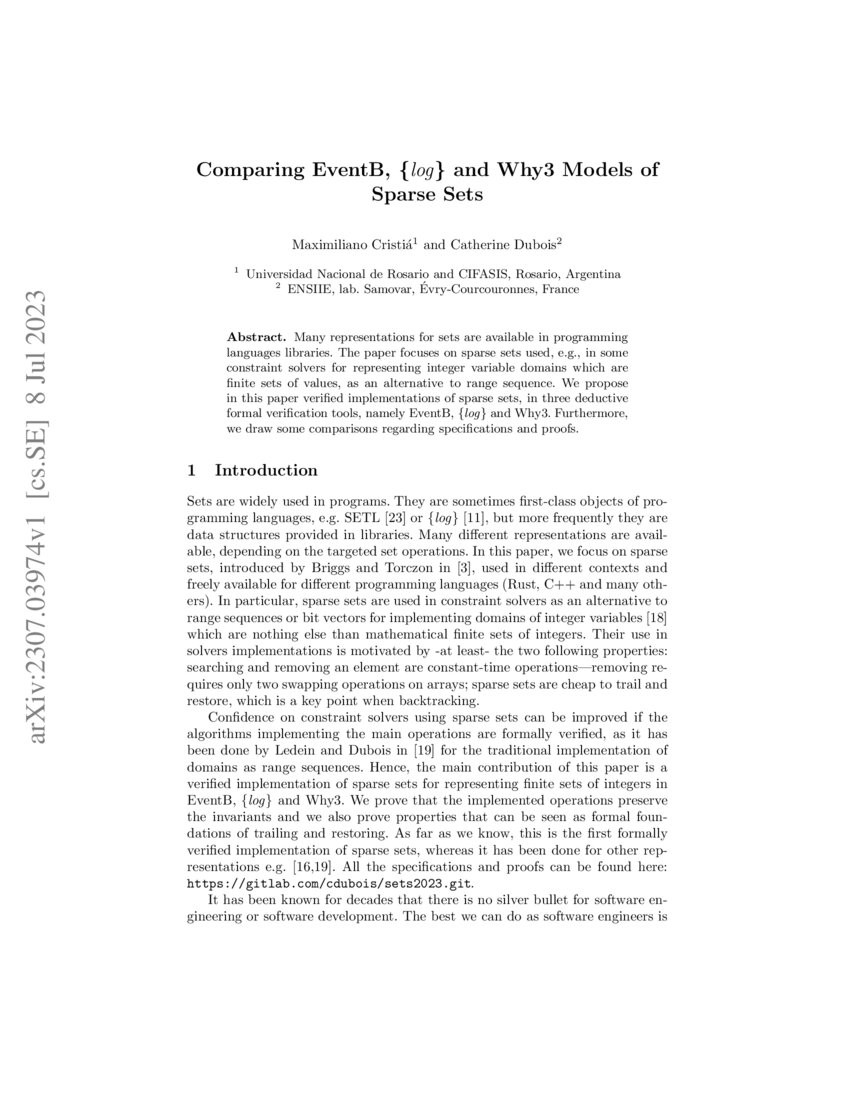 Comparing EventB, {log} and Why3 Models of Sparse Sets | DeepAI Comparing EventB, {log} and Why3 Models of Sparse Sets | DeepAI