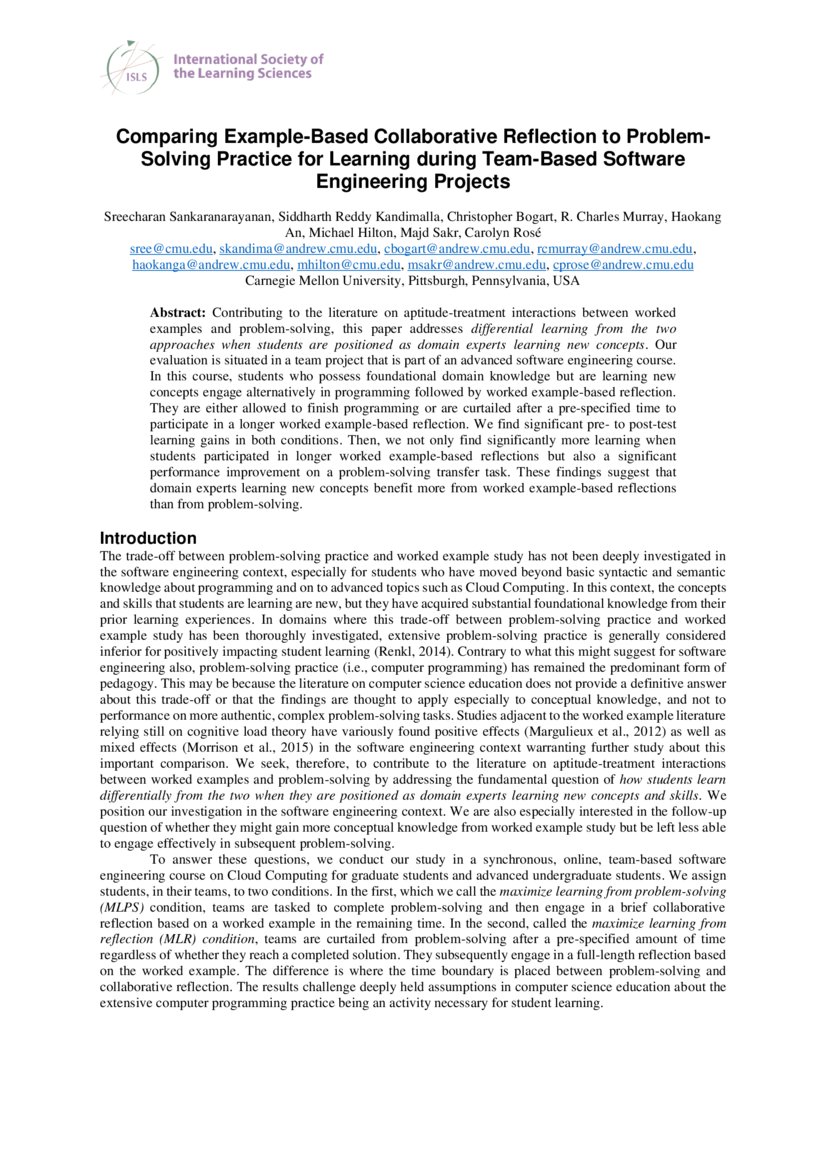 Comparing Example-Based Collaborative Reflection to Problem Solving ...