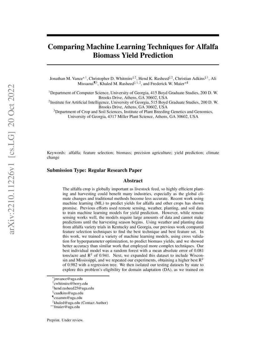 Comparing Machine Learning Techniques For Alfalfa Biomass Yield Prediction Deepai 
