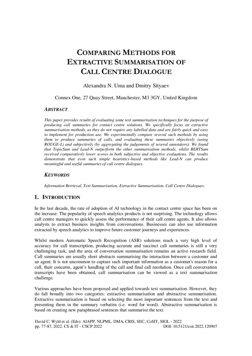 Comparing Methods For Extractive Summarization Of Call Centre Dialogue Deepai 