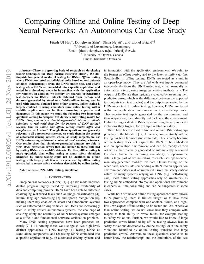 Comparing Offline And Online Testing Of Deep Neural Networks An