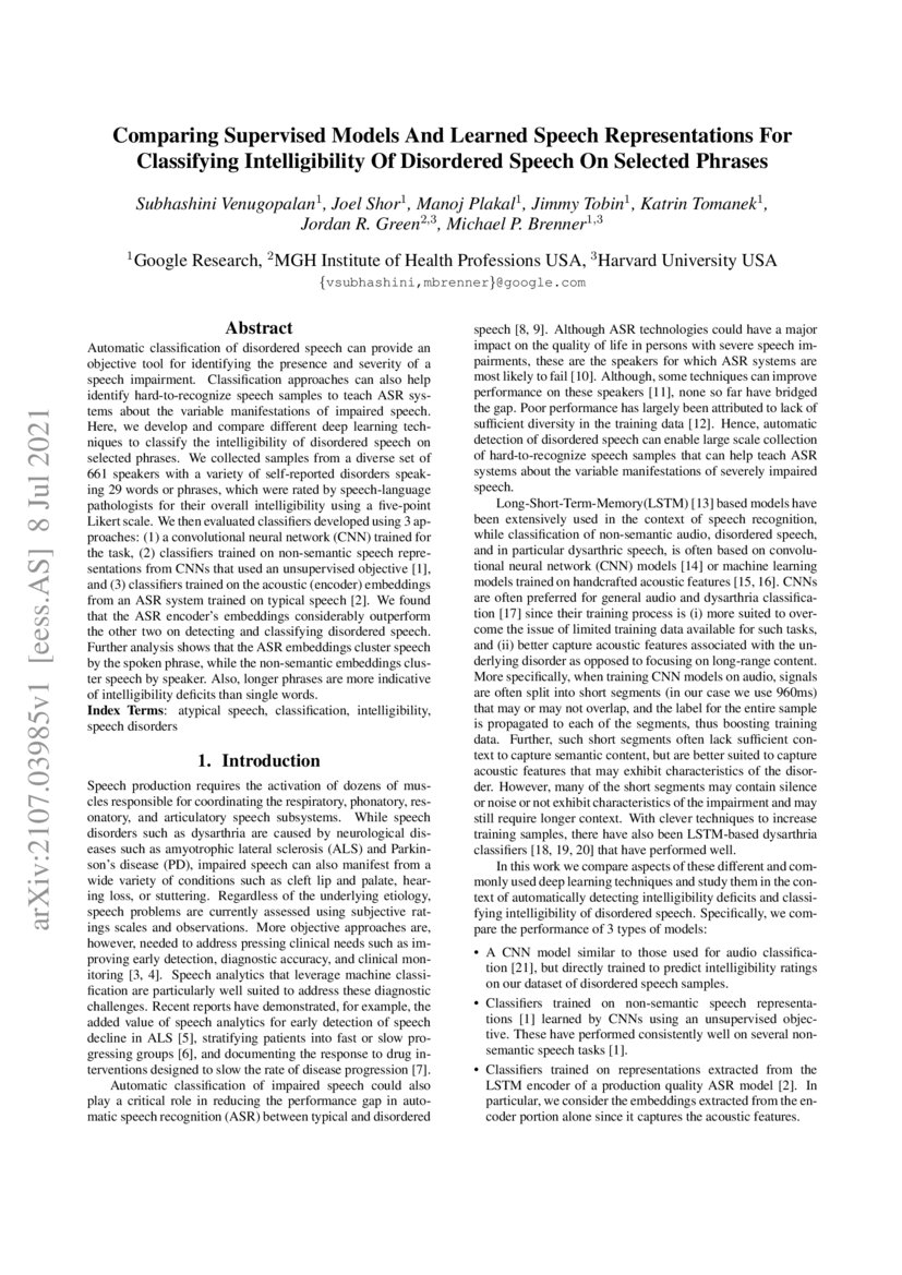 Comparing Supervised Models And Learned Speech Representations For Classifying Intelligibility