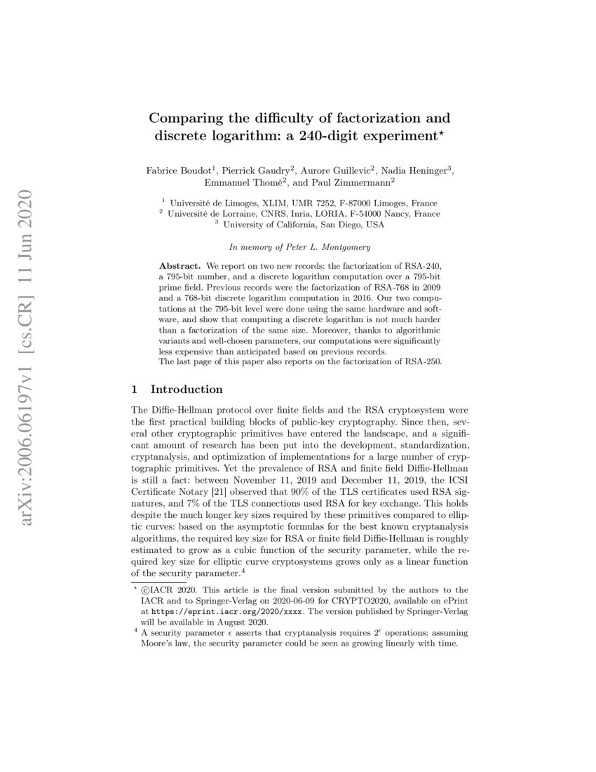 Comparing The Difficulty Of Factorization And Discrete Logarithm A 240 Digit Experiment Deepai