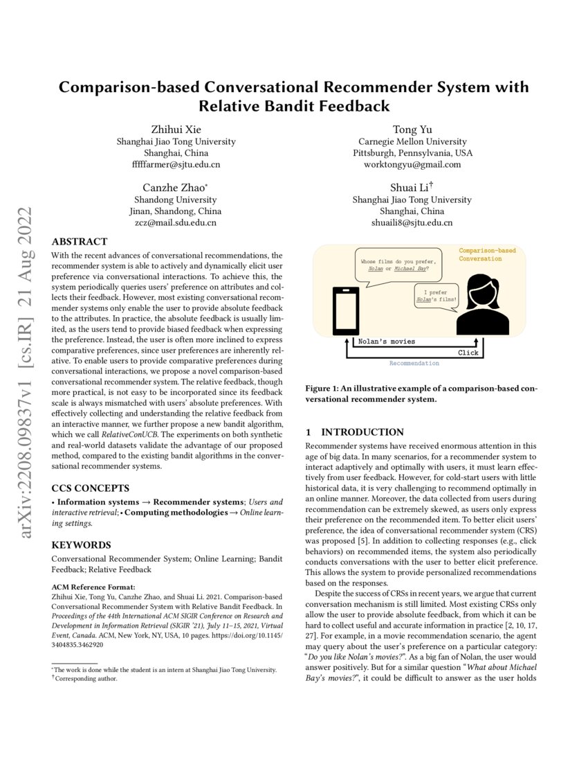 Comparison-based Conversational Recommender System with Relative Bandit ... Comparison-based Conversational Recommender System with Relative Bandit ...