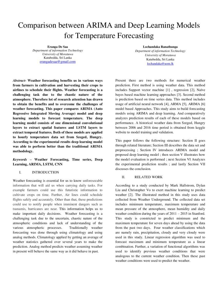 Comparison Between Arima And Deep Learning Models For Temperature Forecasting Deepai