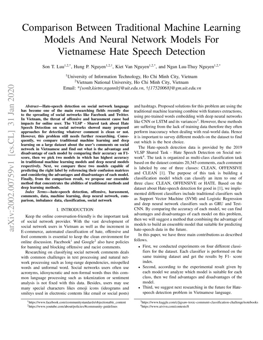 Comparison Between Traditional Machine Learning Models And Neural Network Models For Vietnamese ...