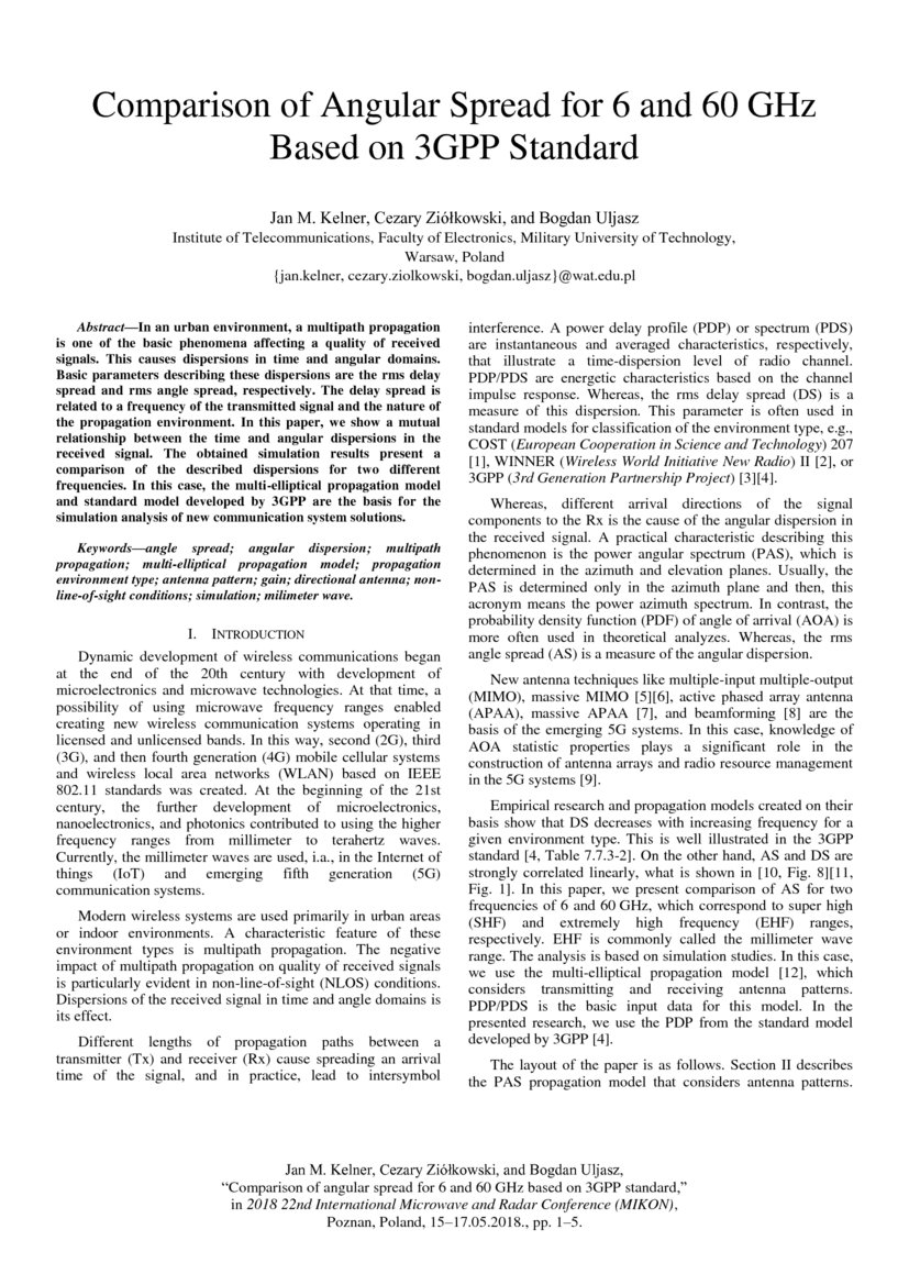 Comparison of angular spread for 6 and 60 GHz based on 3GPP standard ...