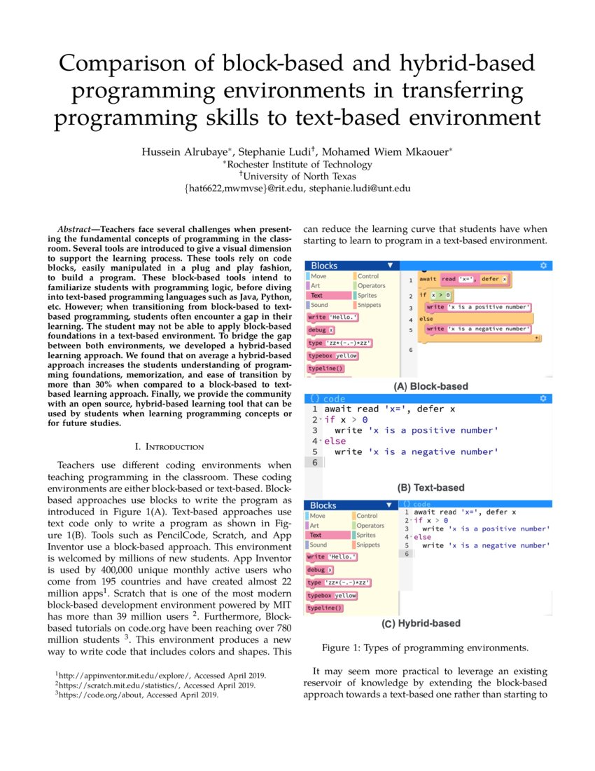 Comparison Of Block Based And Hybrid Based Programming Environments In Transferring Programming