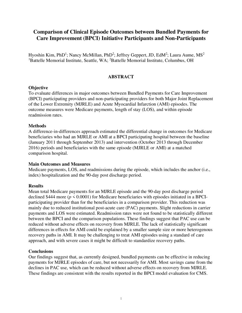 Comparison of Clinical Episode Outcomes between Bundled Payments for ...