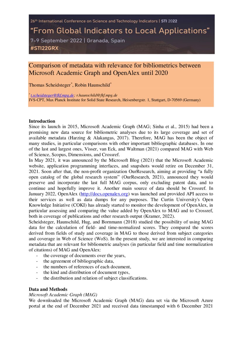 Comparison of metadata with relevance for bibliometrics between Microsoft Academic Graph and ...