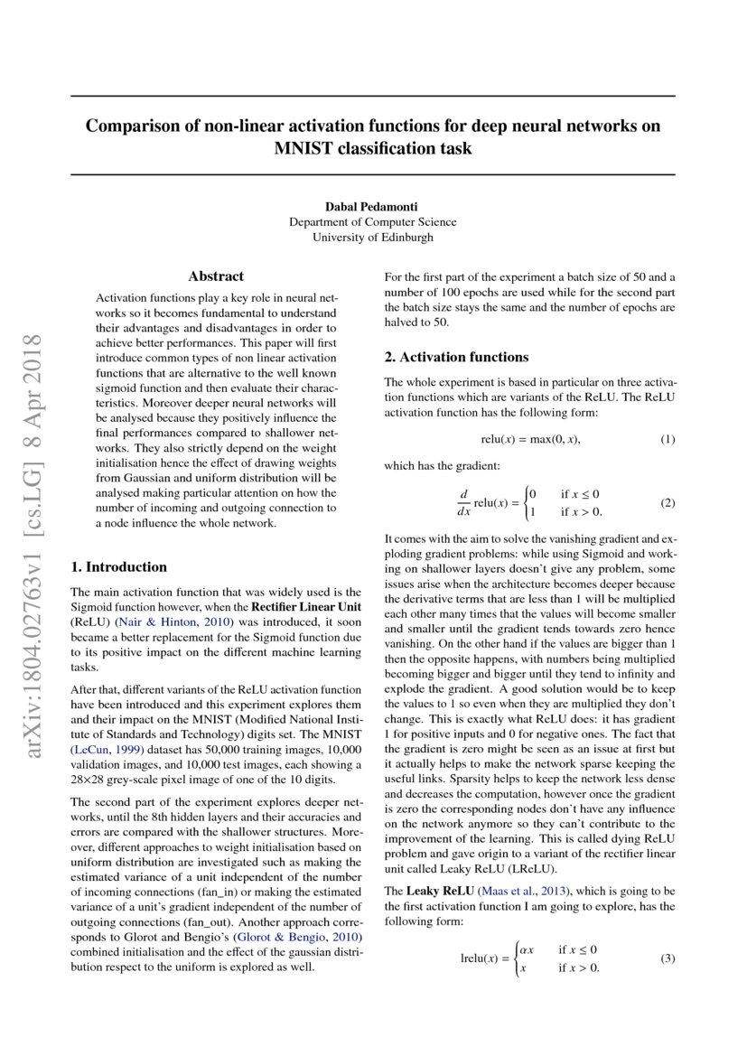Comparison Of Non Linear Activation Functions For Deep Neural Networks On Mnist Classification