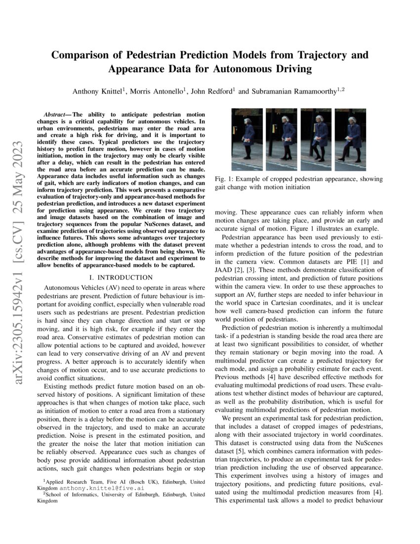 Comparison Of Pedestrian Prediction Models From Trajectory And Appearance Data For Autonomous