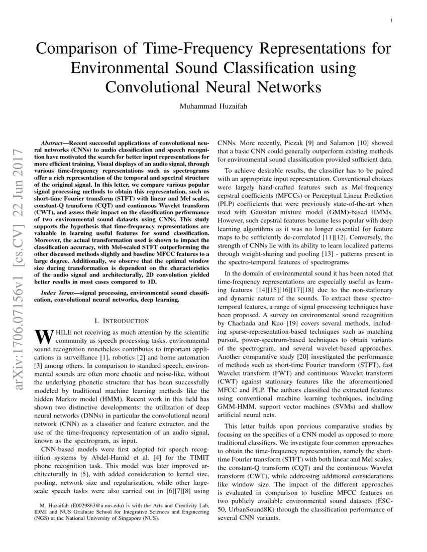 Comparison of Time-Frequency Representations for Environmental Sound Classification using ...