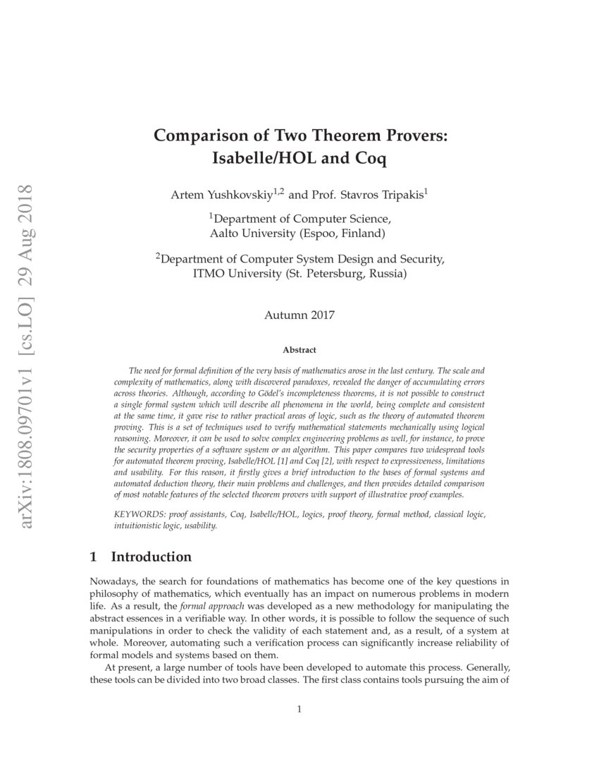 Comparison of Two Theorem Provers: Isabelle/HOL and Coq | DeepAI