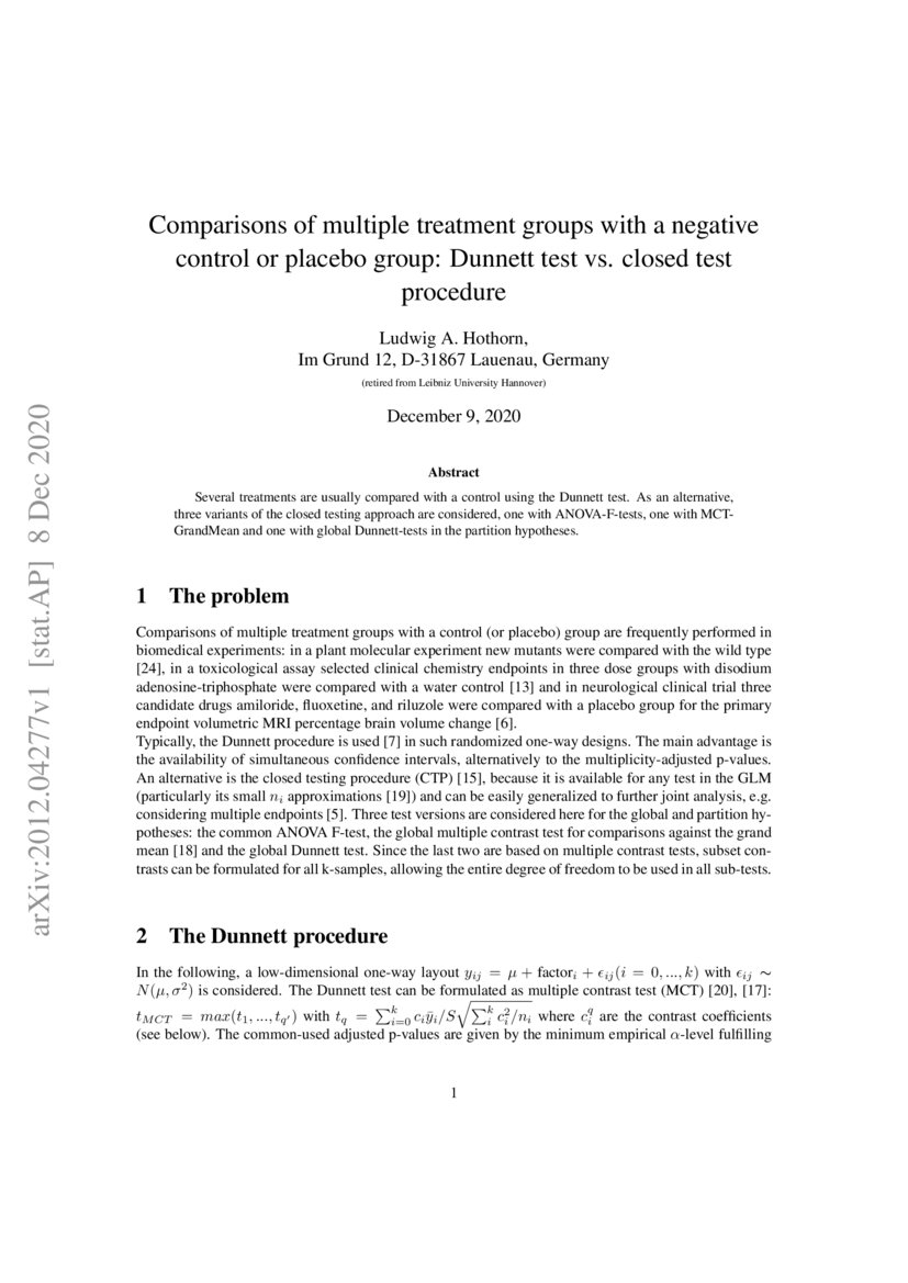 Comparisons of multiple treatment groups with a negative control or ...