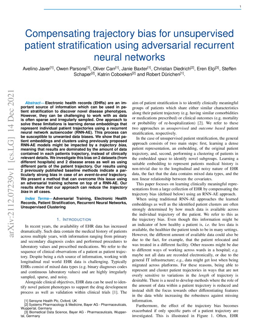 Compensating trajectory bias for unsupervised patient stratification using adversarial recurrent ...
