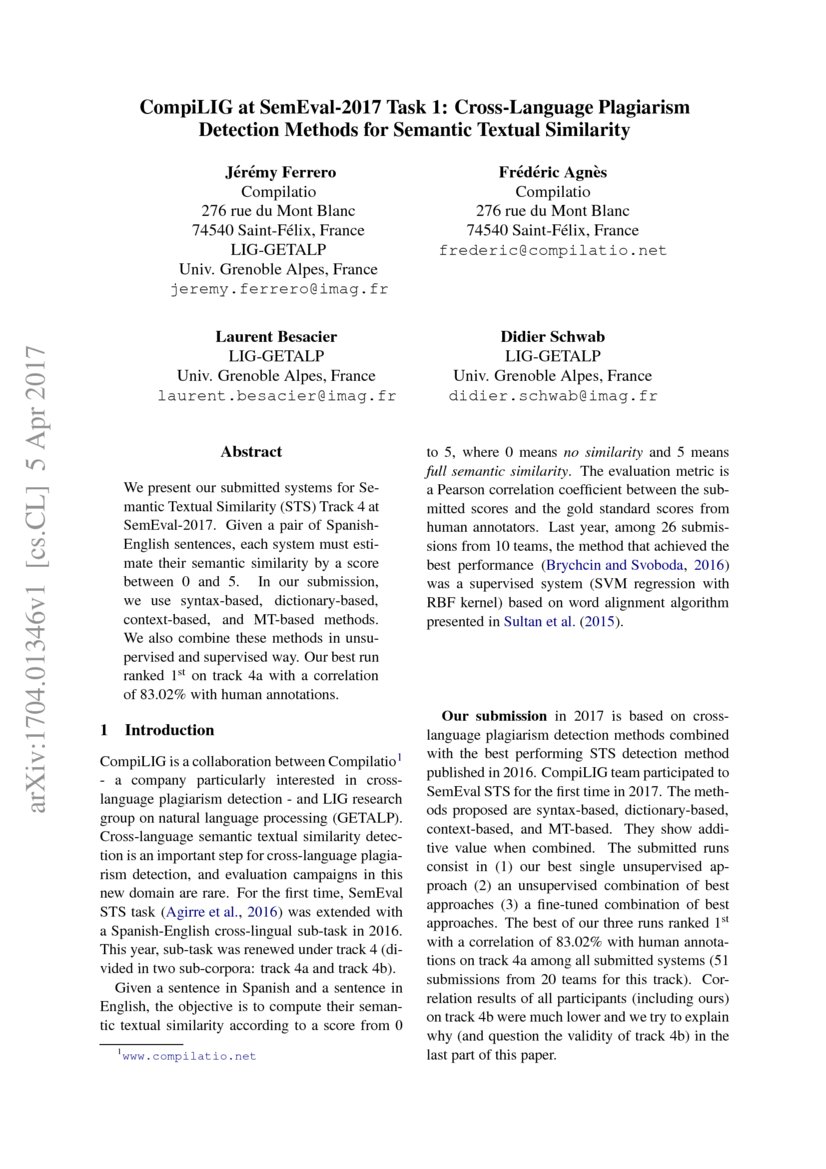 CompiLIG at SemEval-2017 Task 1: Cross-Language Plagiarism Detection Methods for Semantic ...
