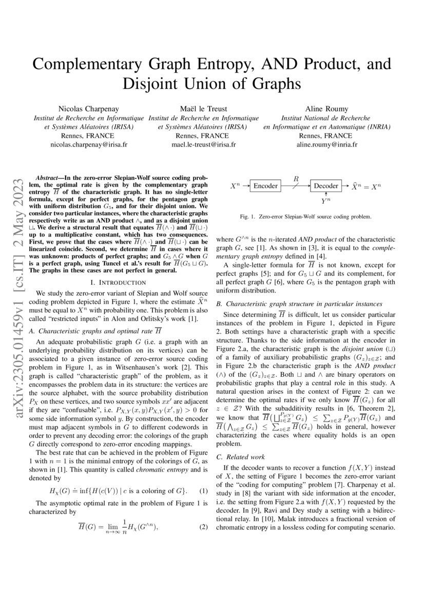 Complementary Graph Entropy, AND Product, and Disjoint Union of Graphs | DeepAI