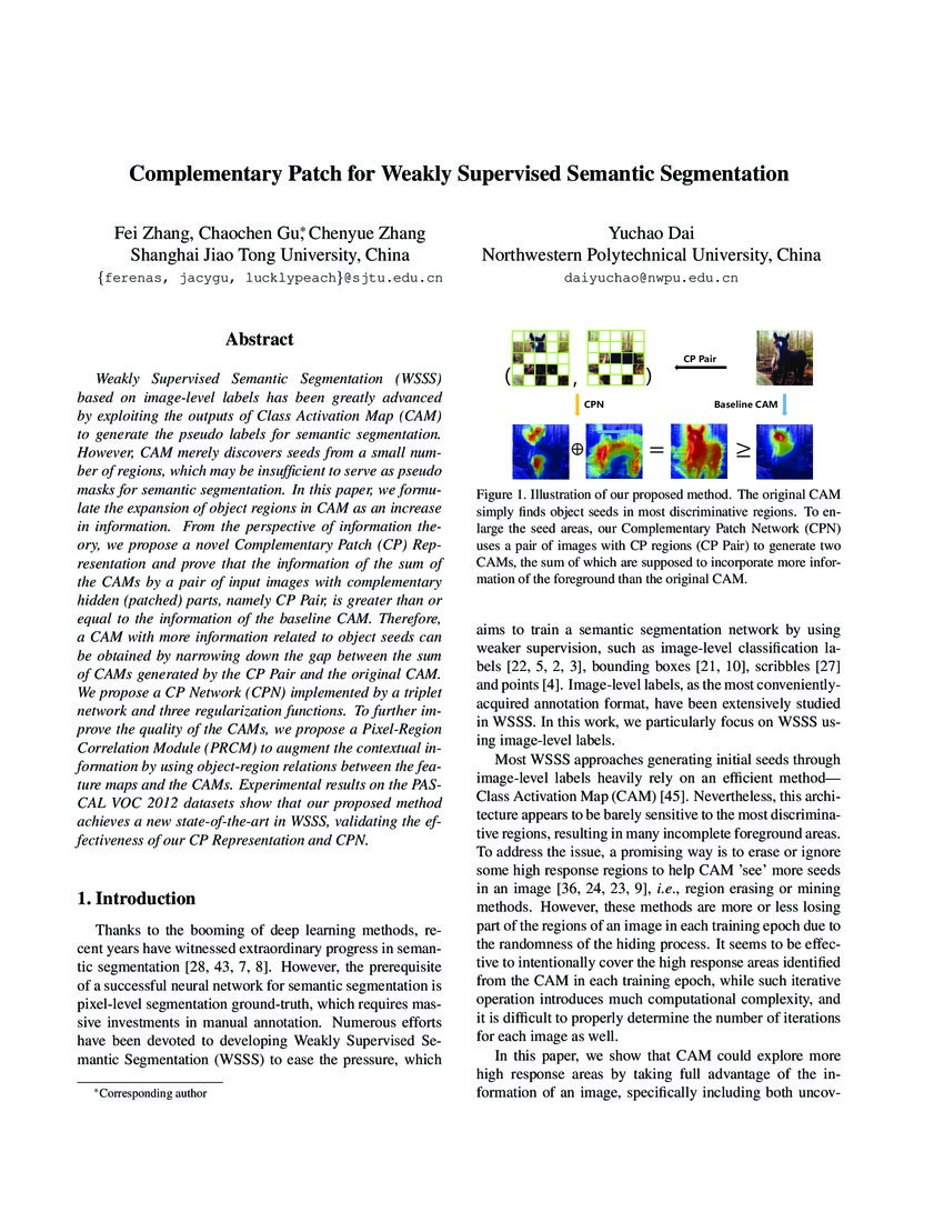 Complementary Patch for Weakly Supervised Semantic Segmentation | DeepAI