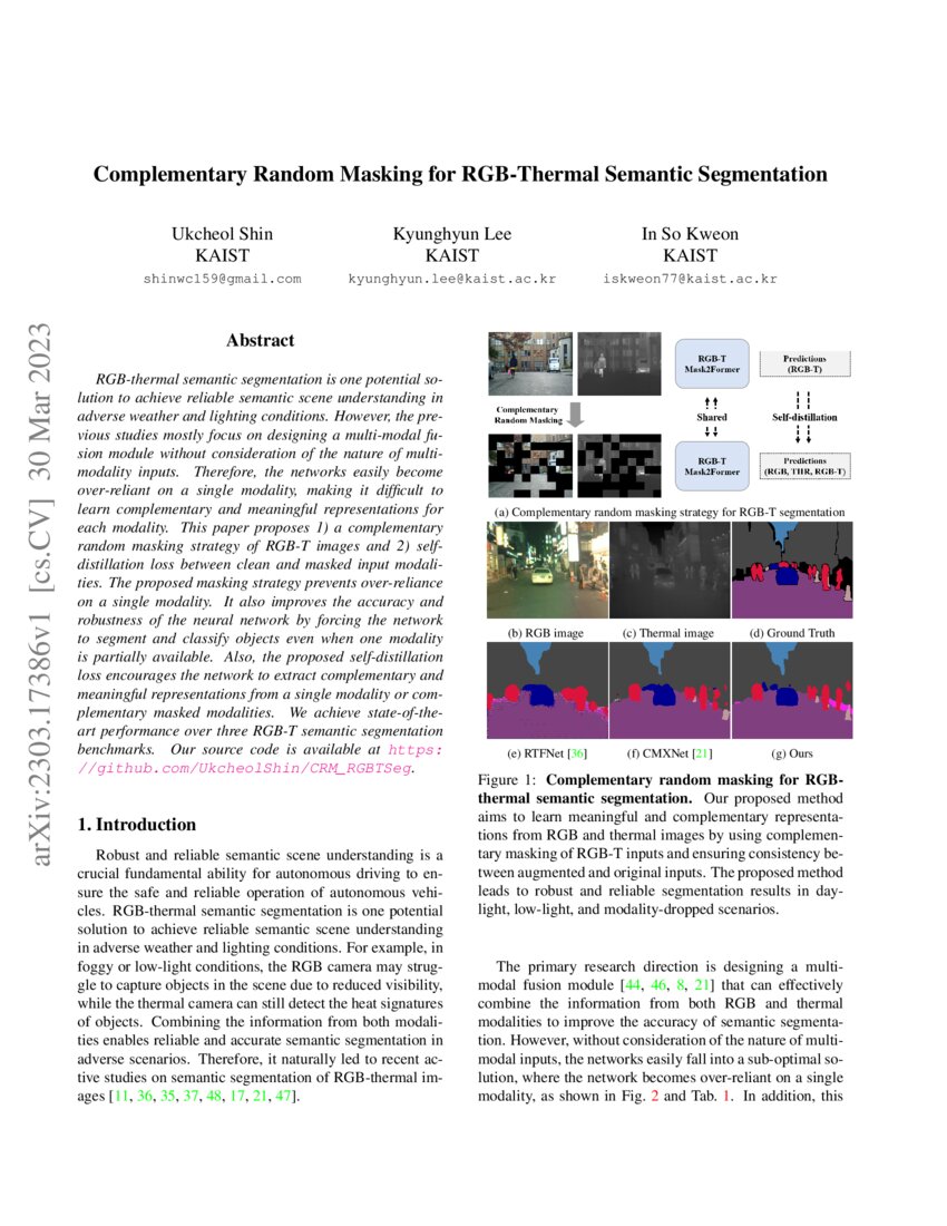 Complementary Random Masking For Rgb Thermal Semantic Segmentation Deepai