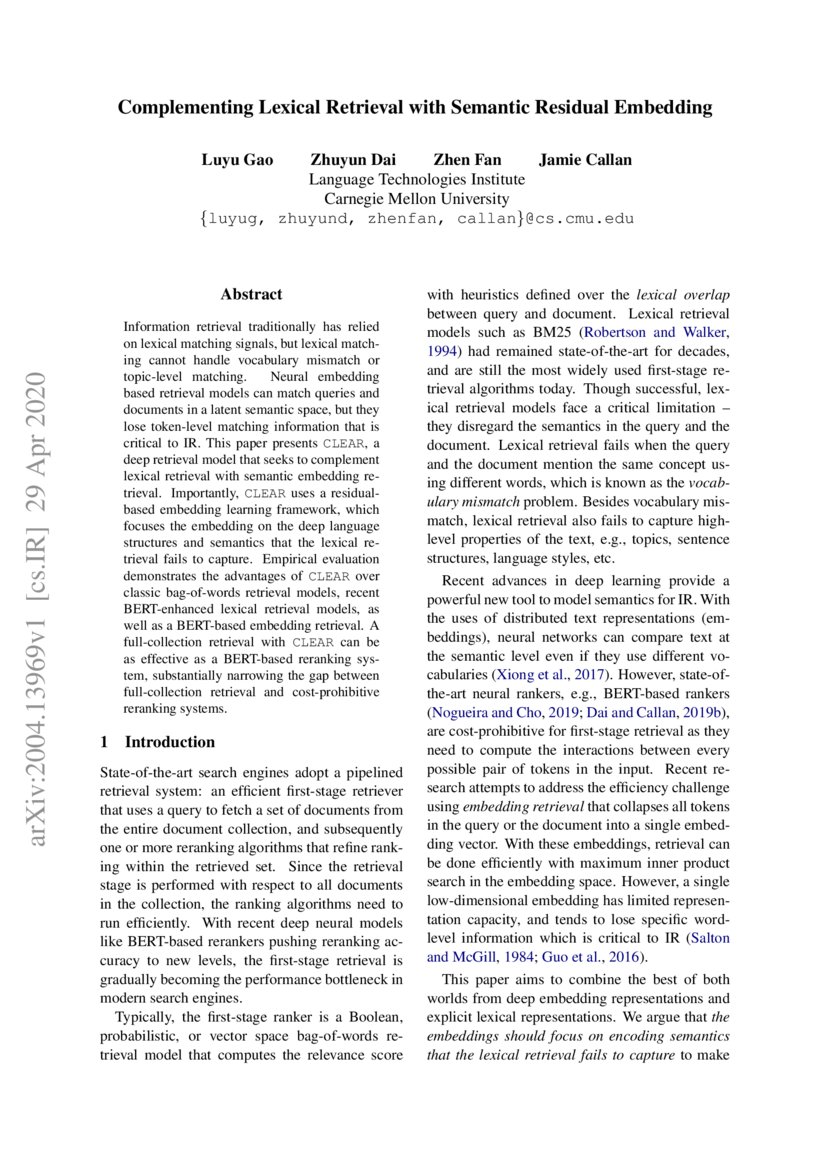Complementing Lexical Retrieval with Semantic Residual Embedding | DeepAI