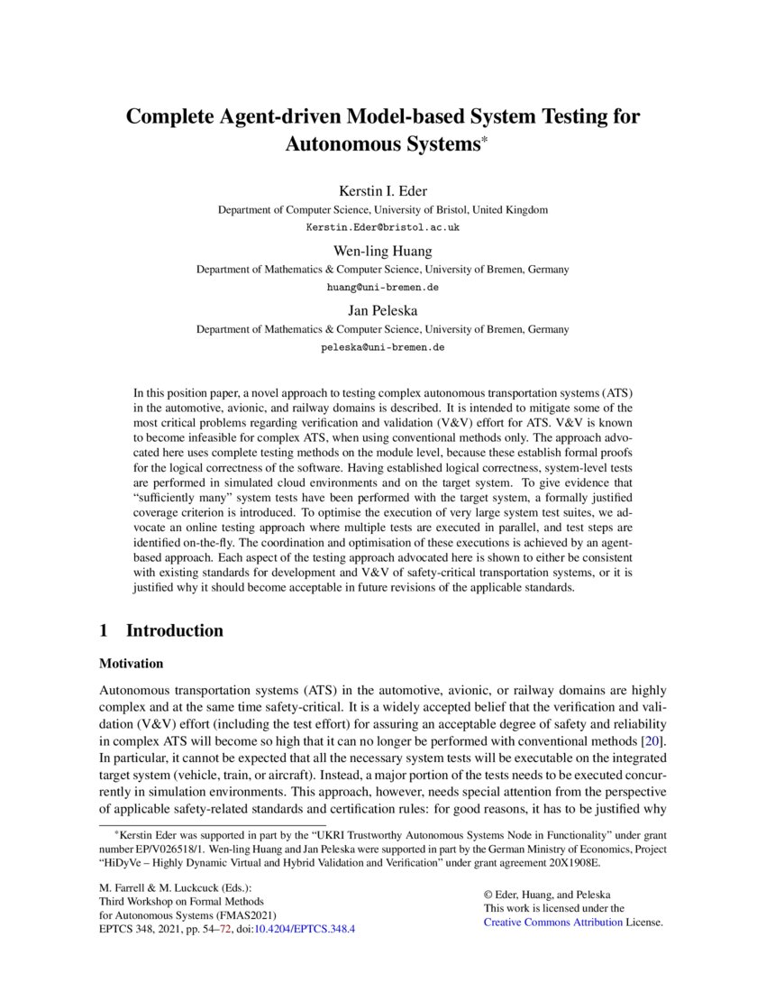 Complete Agent Driven Model Based System Testing For Autonomous Systems