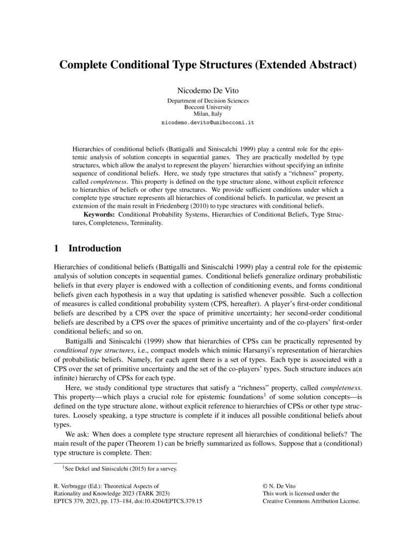 Complete Conditional Type Structures Extended Abstract Deepai