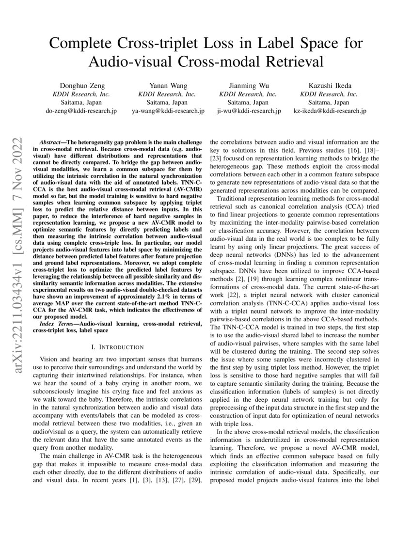 Complete Cross Triplet Loss In Label Space For Audio Visual Cross Modal Retrieval Deepai