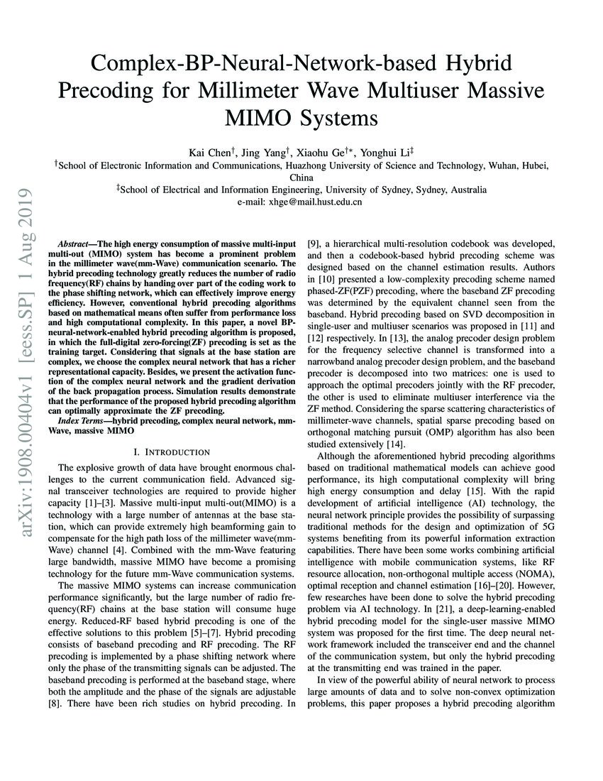 Complex-BP-Neural-Network-based Hybrid Precoding for Millimeter Wave Multiuser Massive MIMO ...