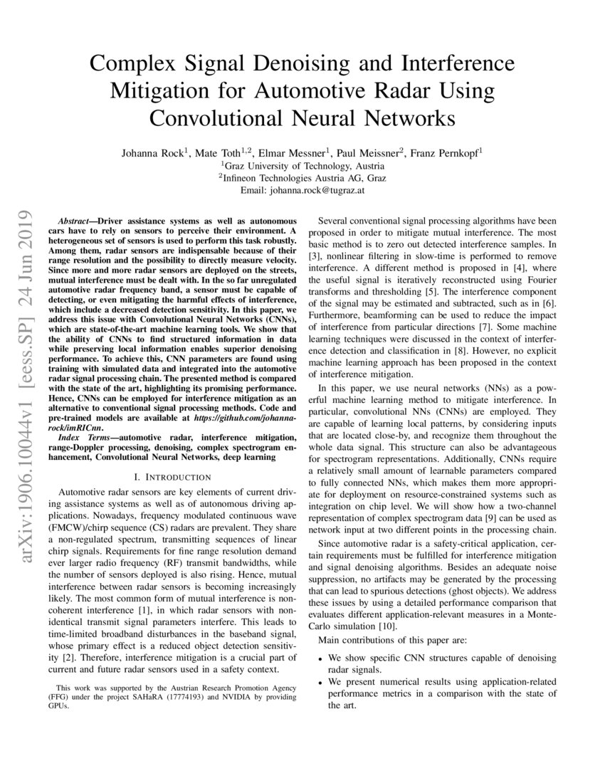 Complex Signal Denoising and Interference Mitigation for Automotive Radar Using Convolutional ...