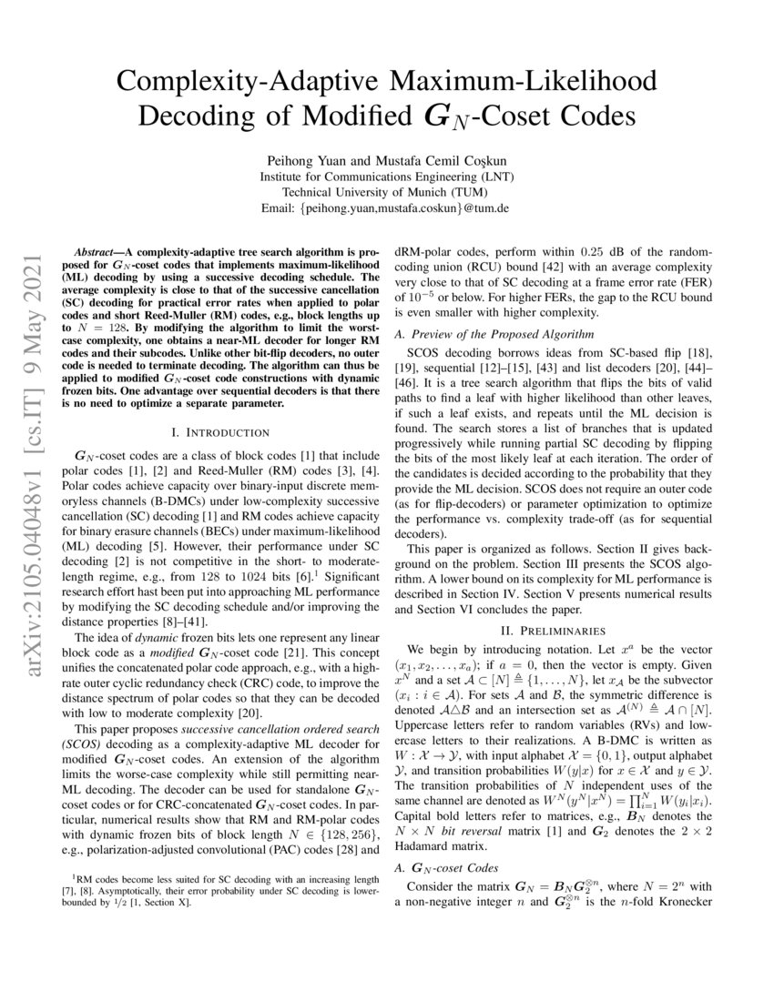 Complexity Adaptive Maximum Likelihood Decoding Of Modified Gn Coset Codes Deepai 4039