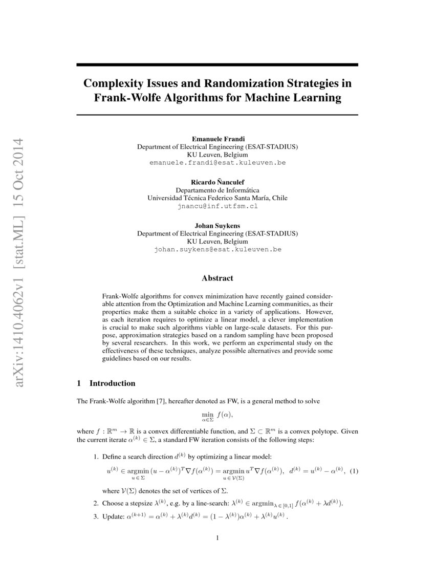 Complexity Issues and Randomization Strategies in Frank-Wolfe Algorithms for Machine Learning ...