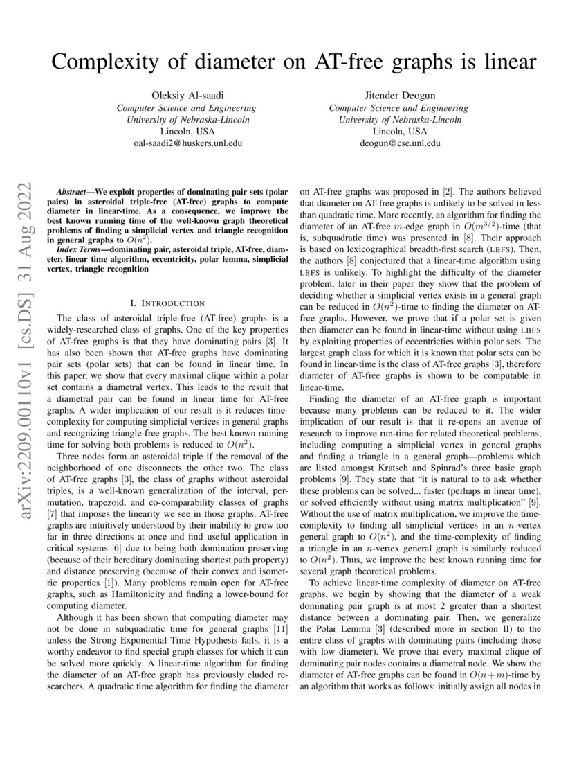 Complexity of diameter on AT-free graphs is linear | DeepAI