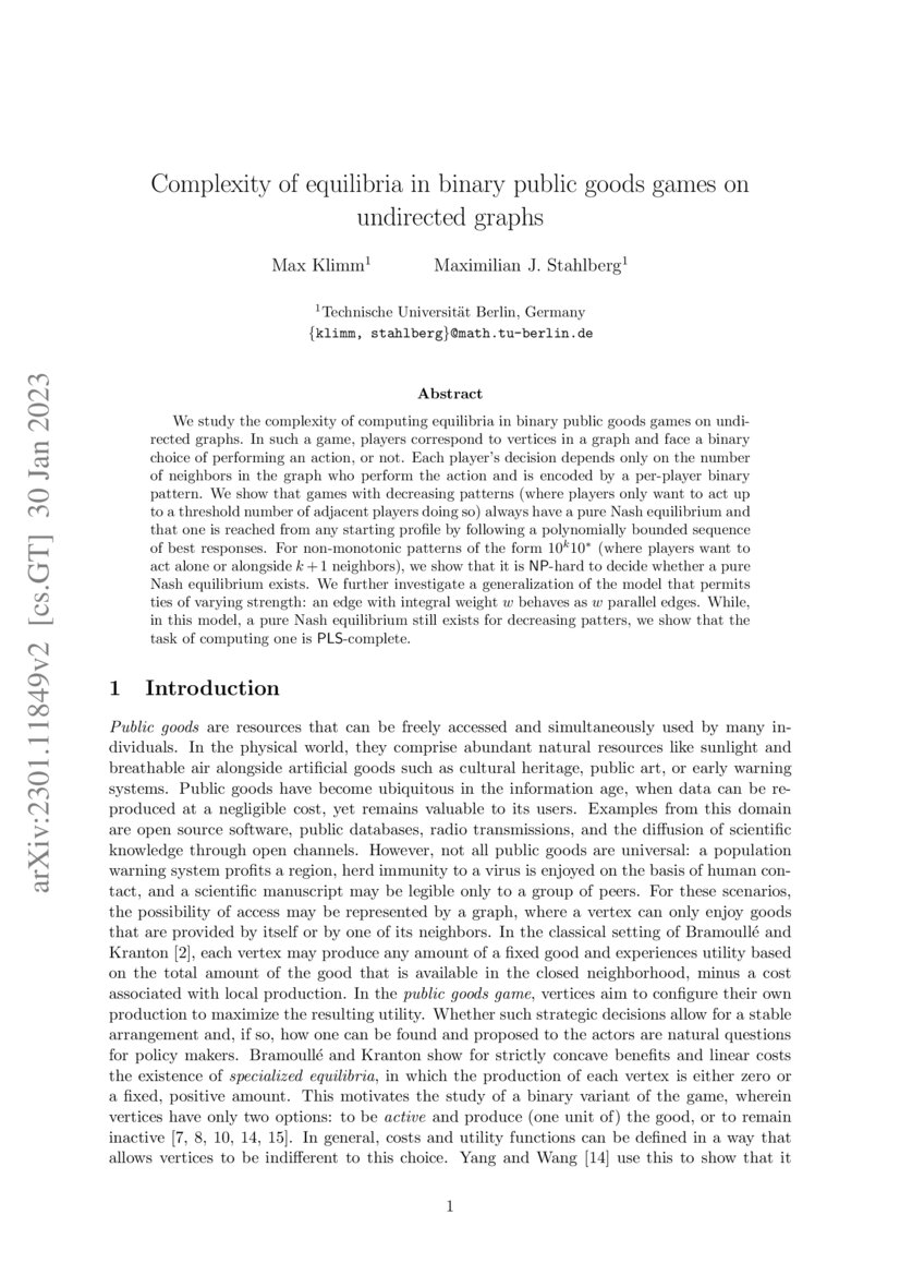 Complexity of equilibria in binary public goods games on undirected ...