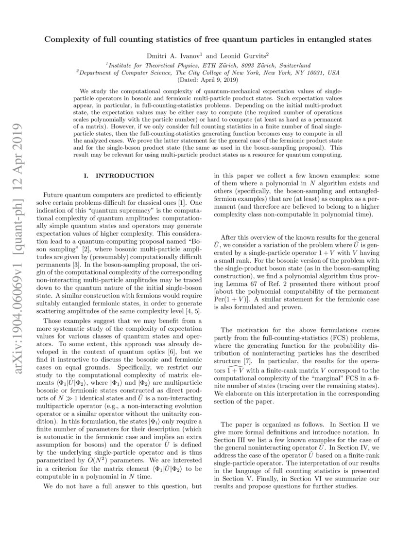 Complexity of full counting statistics of free quantum particles in ...