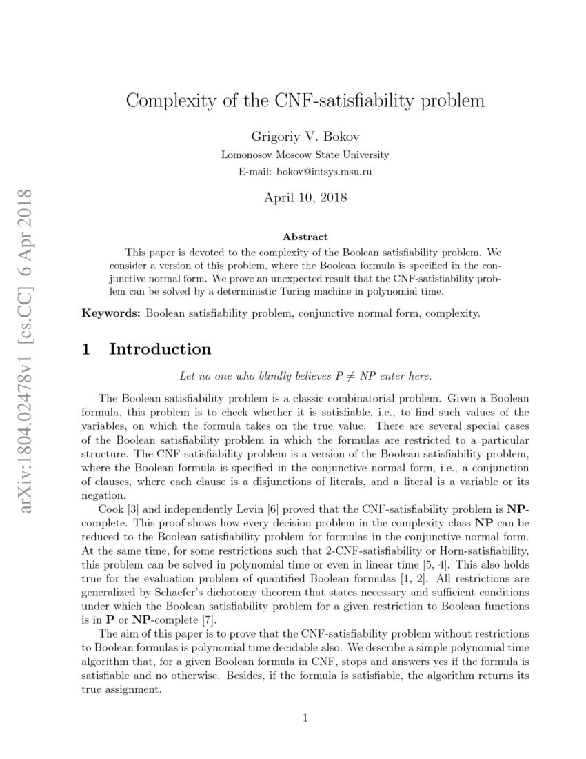 Complexity Of The Cnf Satisfiability Problem Deepai