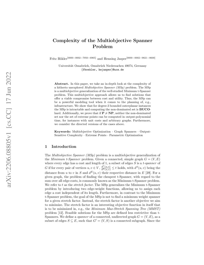 Complexity Of The Multiobjective Spanner Problem Deepai