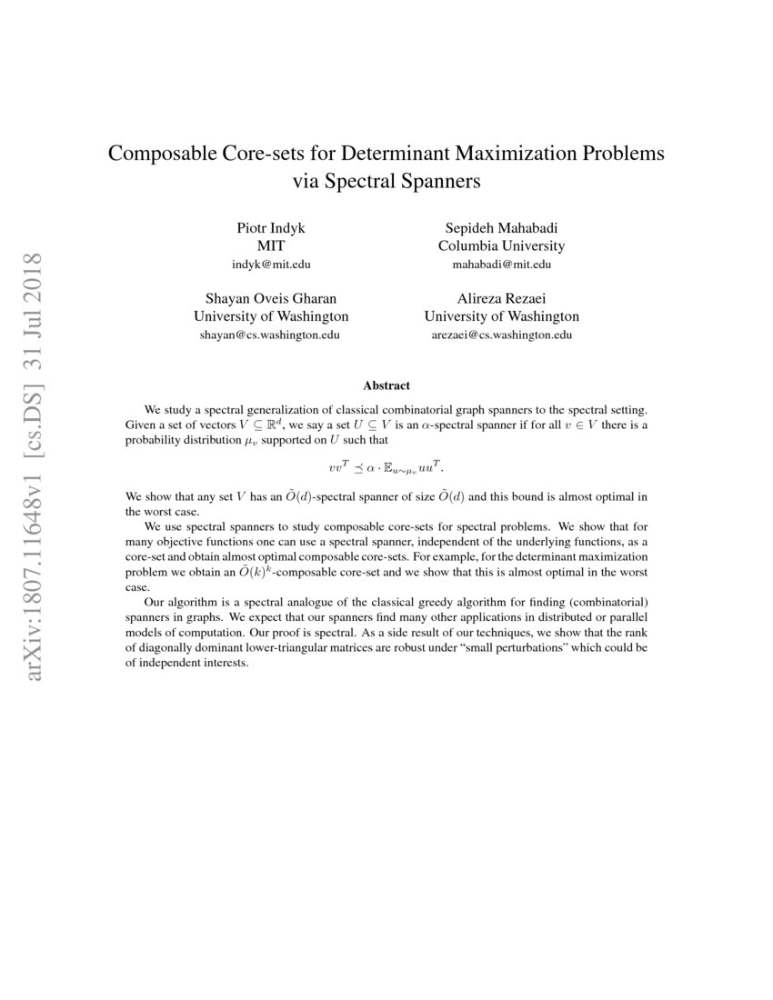 Composable Core Sets For Determinant Maximization Problems Via Spectral Spanners Deepai