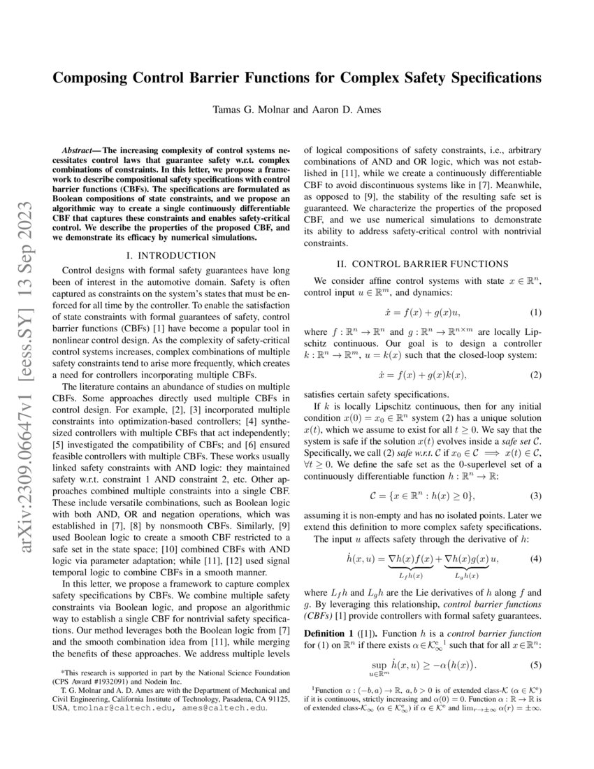 Composing Control Barrier Functions For Complex Safety Specifications Deepai 