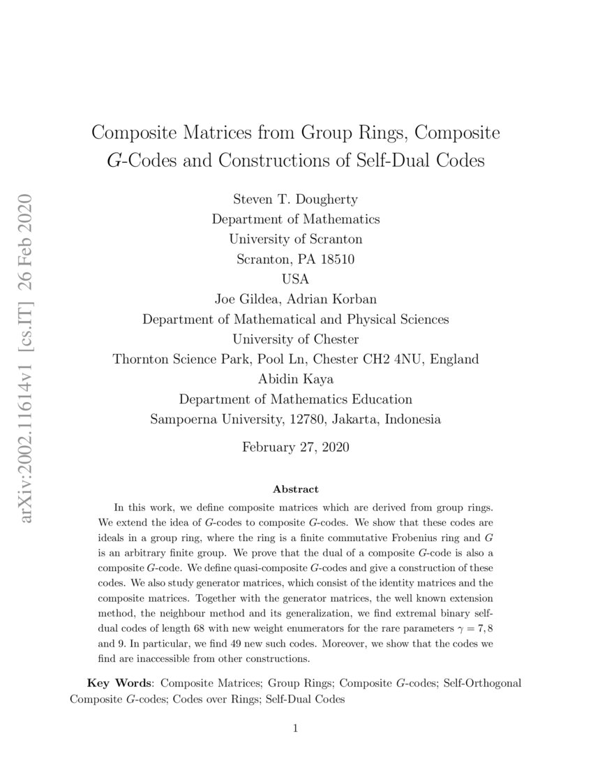 Composite Matrices from Group Rings, Composite G-Codes and Constructions of Self-Dual Codes | DeepAI