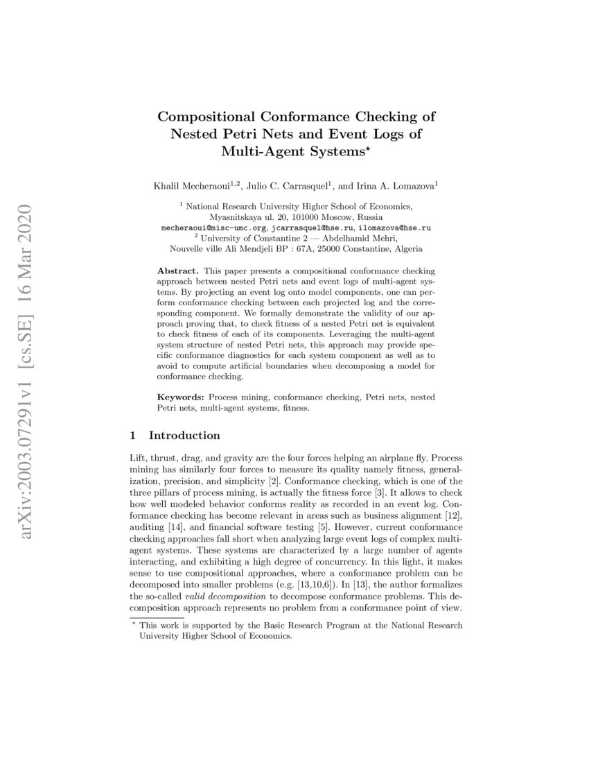 Compositional Conformance Checking of Nested Petri Nets and Event Logs of Multi-Agent Systems ...