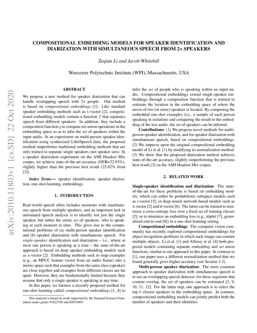 Compositional embedding models for speaker identification and diarization with simultaneous ...