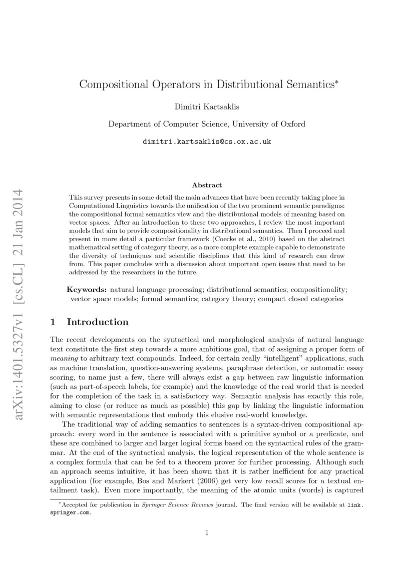 Compositional Operators In Distributional Semantics Deepai